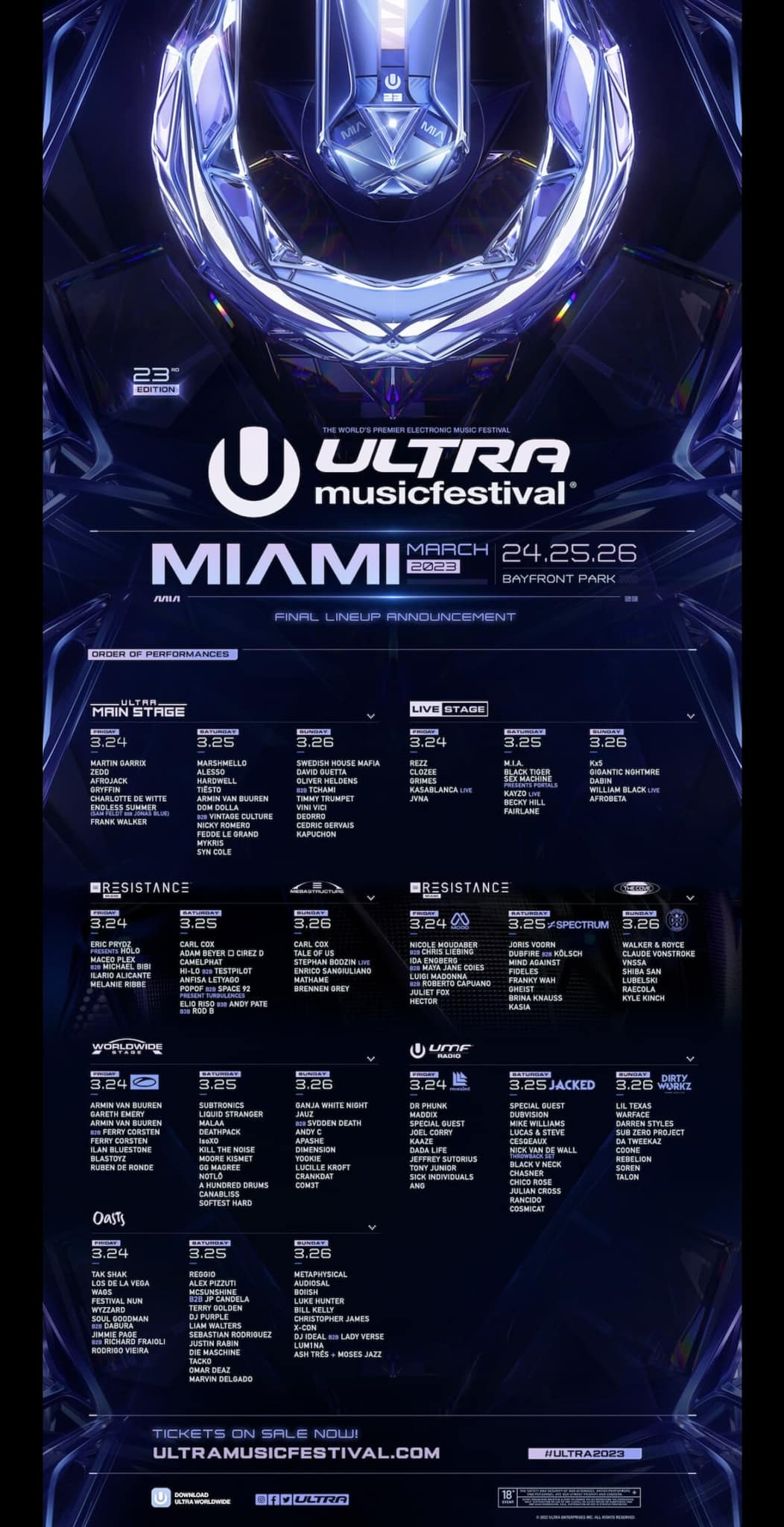 Ultra Music Festival Releases Additional Artists And 2023 Lineup By Day ...