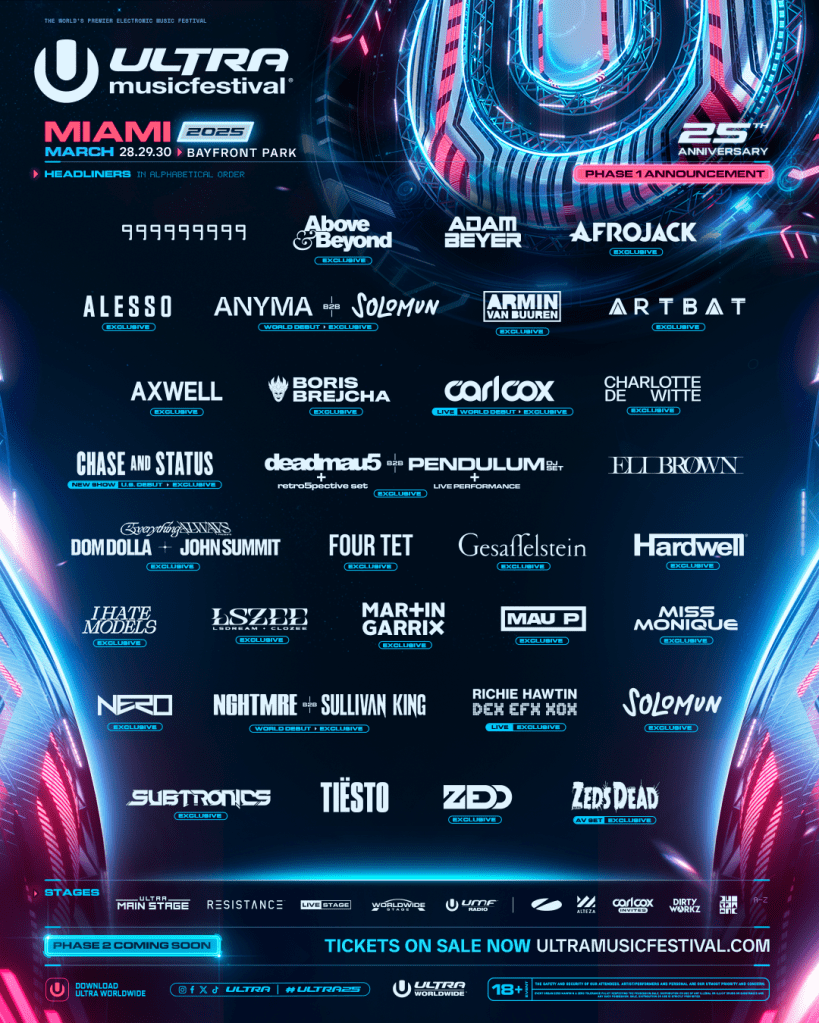 Ultra Music Festival Reveals 2025 Daily Lineup for 25th Anniversary ...